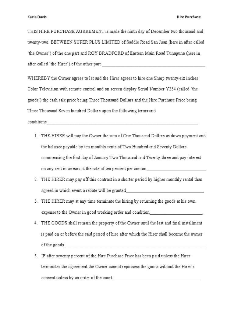 Hire Purchase Agreement Template | PDF | Civil Law (Legal System) | Money