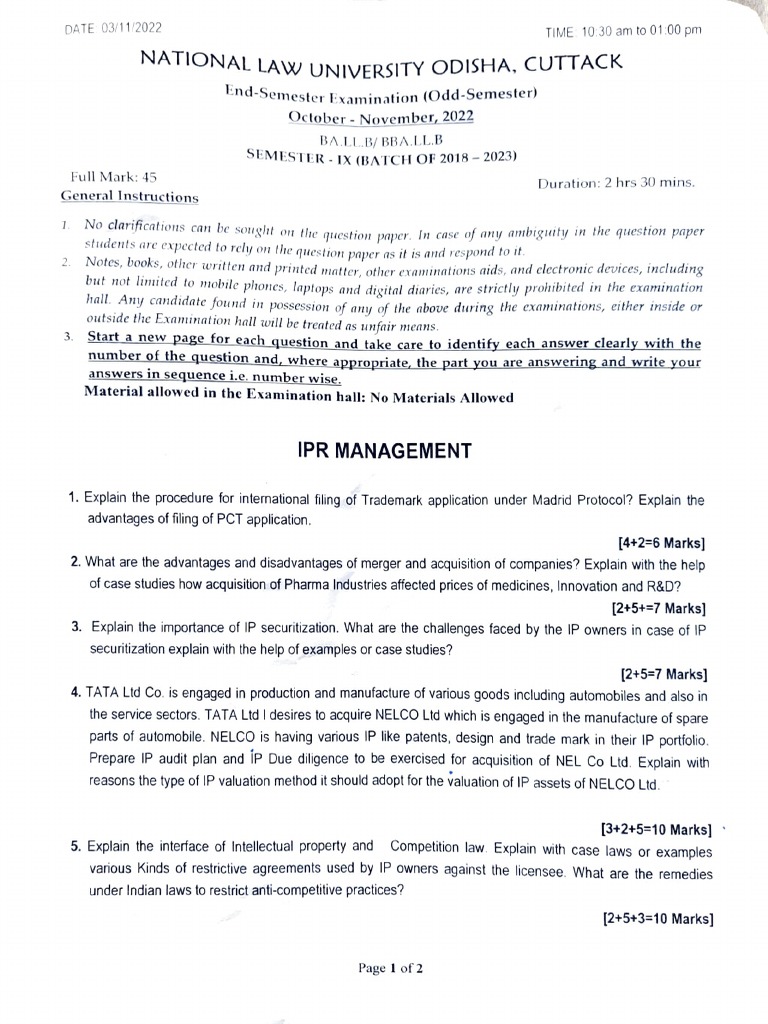 IPR Question Paper | PDF | Intellectual Property | Valuation (Finance)