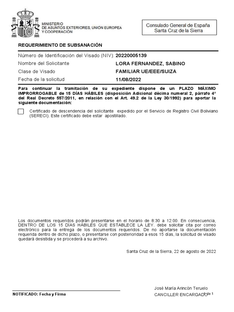 Nombre Del Solicitante Lora Fernandez, Sabino Clase de Visado Familiar ...