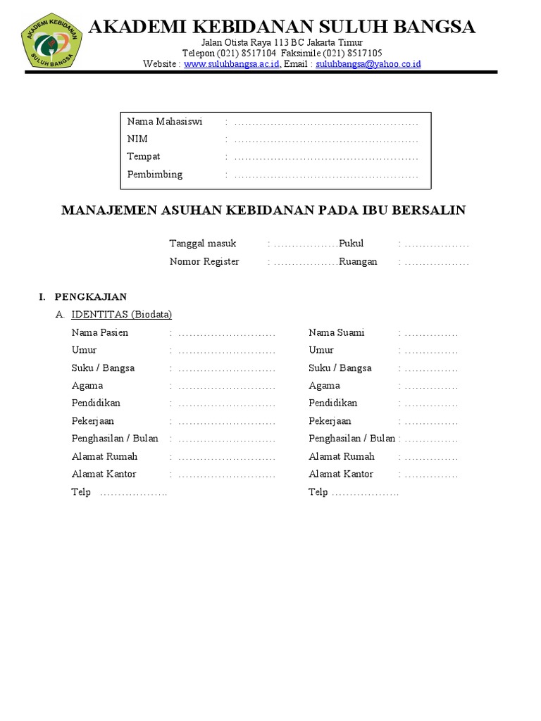 Format Asuhan Kebidanan Pada Ibu Bersalin (Inc) | PDF
