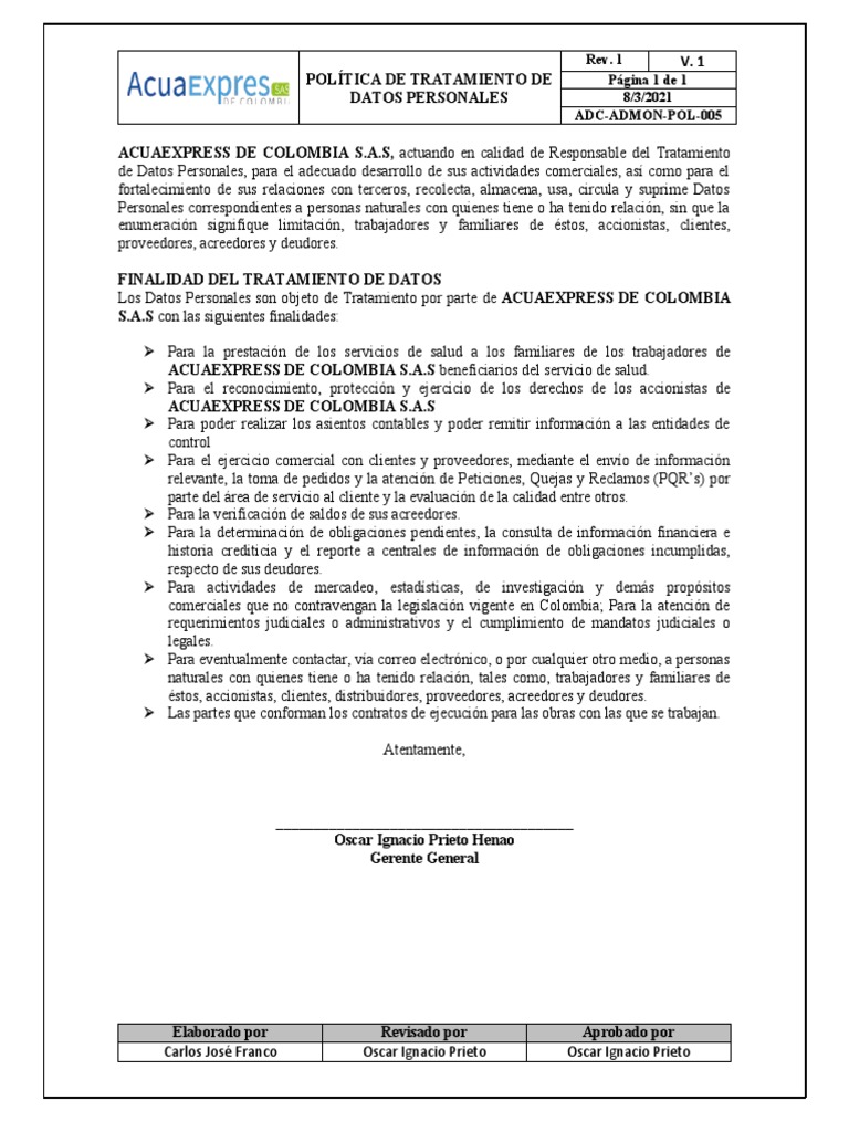 ADC-ADMON-POL-005 Politica de Tratamiento de Datos Personales | PDF
