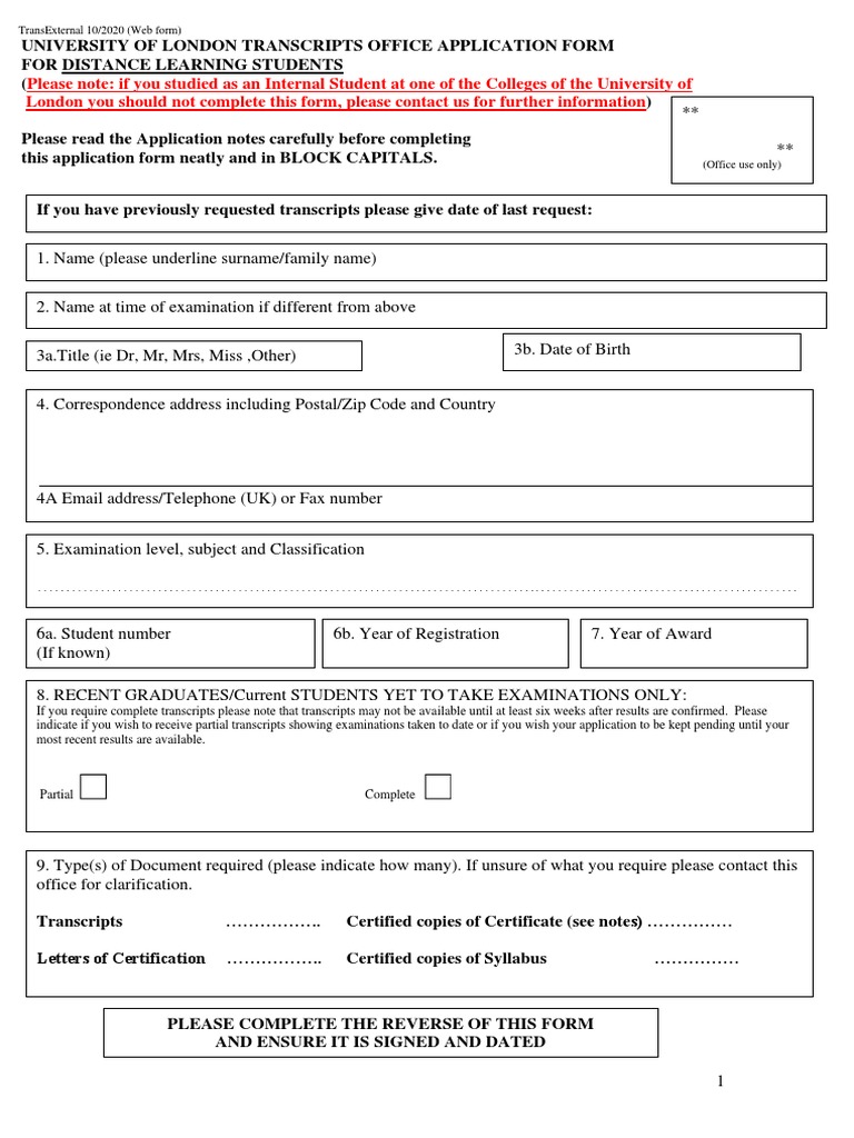 University of London Transcript Request Form | PDF