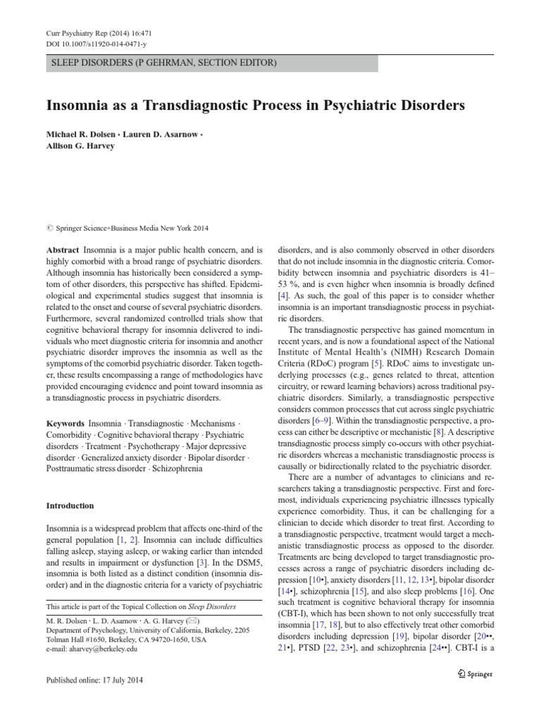 Insomnia Transdiagnostic Review Final Print | PDF | Insomnia | Mental Disorder