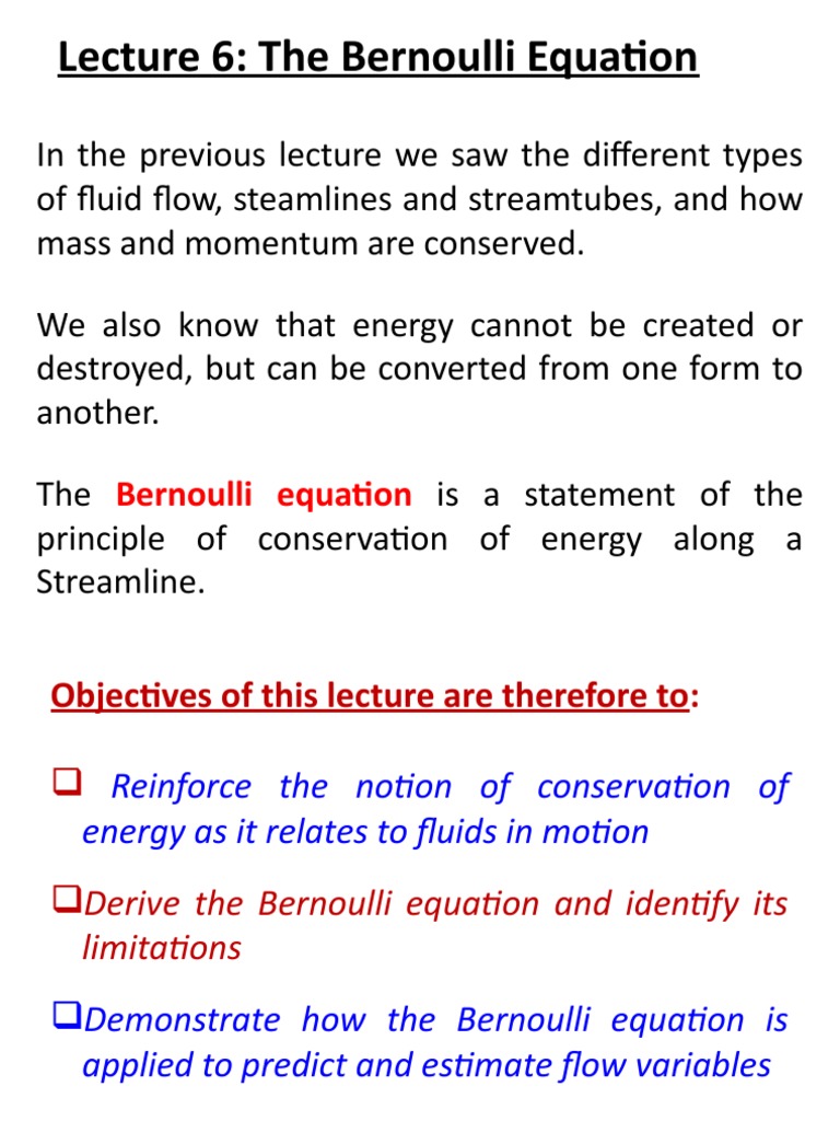 Lecture 6 - The Bernoulli Equation | PDF | Fluid Dynamics | Pressure