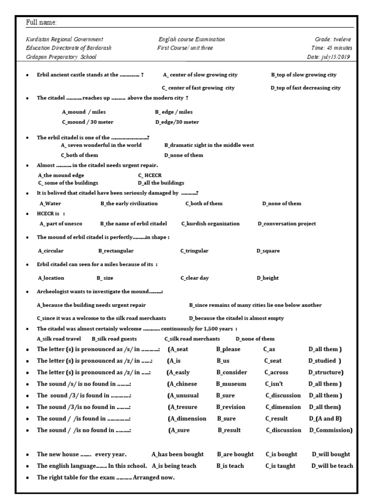An English Examination for Grade Twelve Students Focusing on Grammar ...