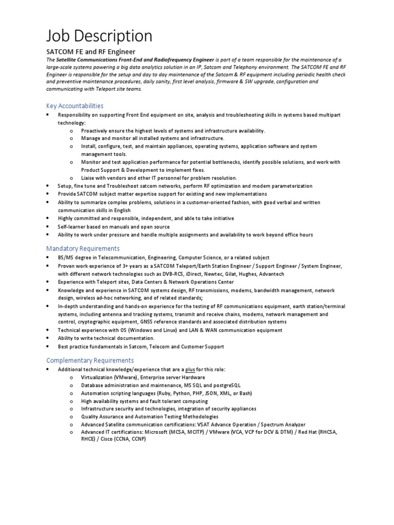 SATCOM RF Engineer Job Overview | PDF | Communications Satellite ...