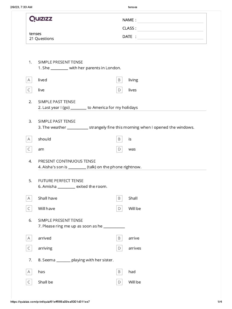 Tenses DR Quizz | PDF | Grammatical Tense | Language Mechanics
