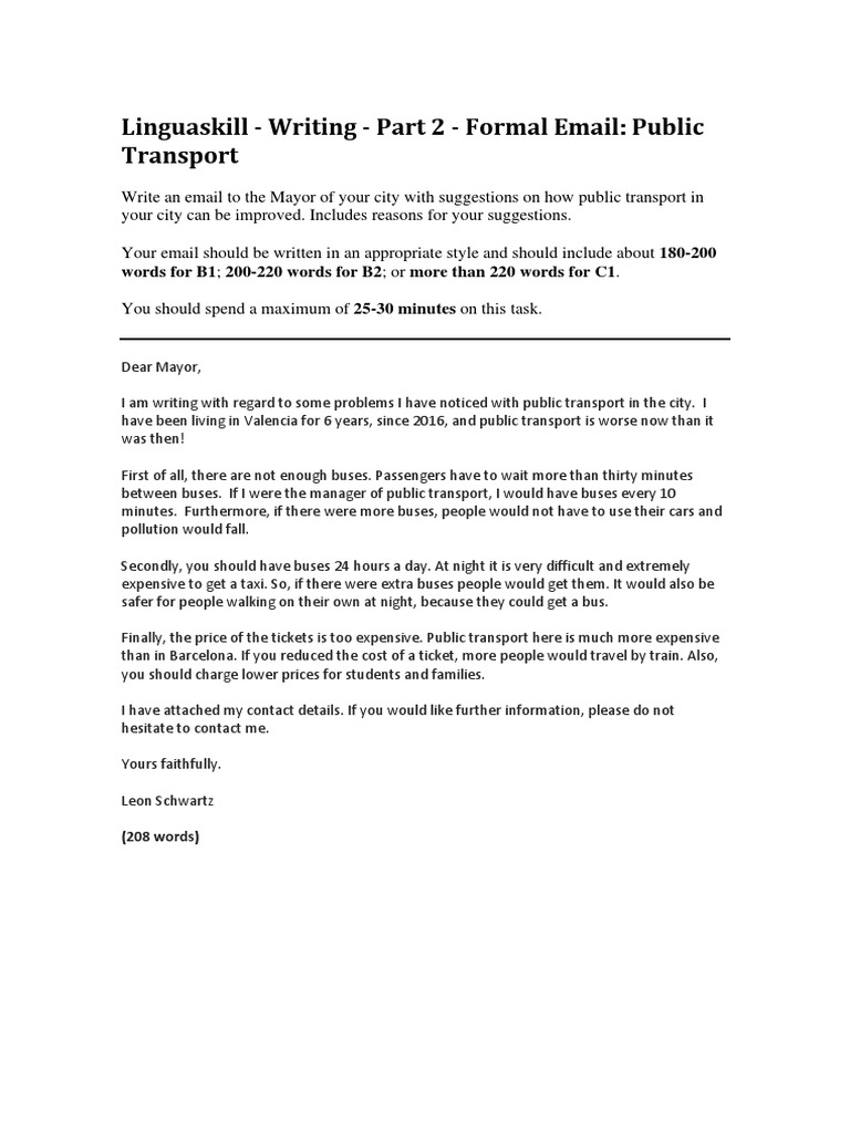 Formal Email - Part 2 - Public Transport - SAMPLE ANSWER | PDF
