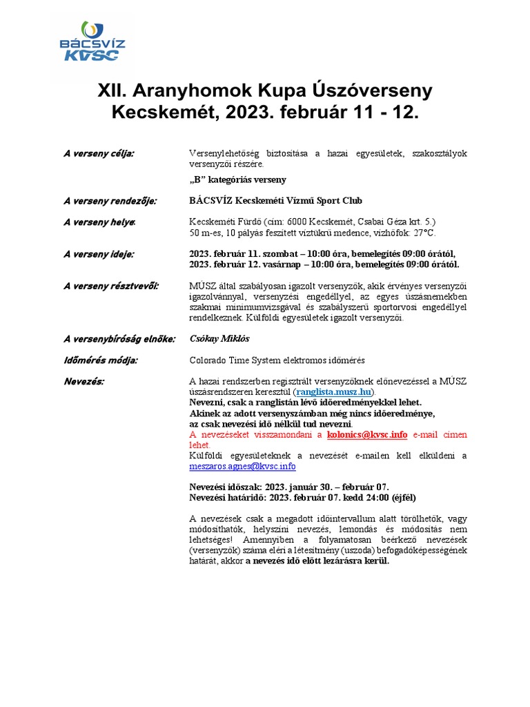 2023 XII Aranyhomok Kupa Versenykirs | PDF