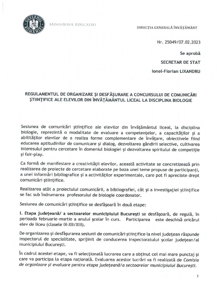 Regulament Comunicari Stiintifice Biologie Liceu 2023 | PDF