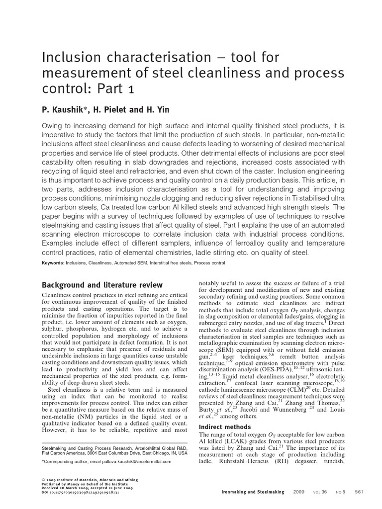 Inclusion Characterisation - Tool For Measurement of Steel Cleanliness ...