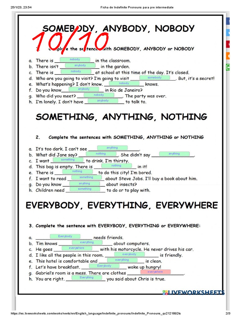 Ficha de Indefinite Pronouns para Pre Intermediate | PDF