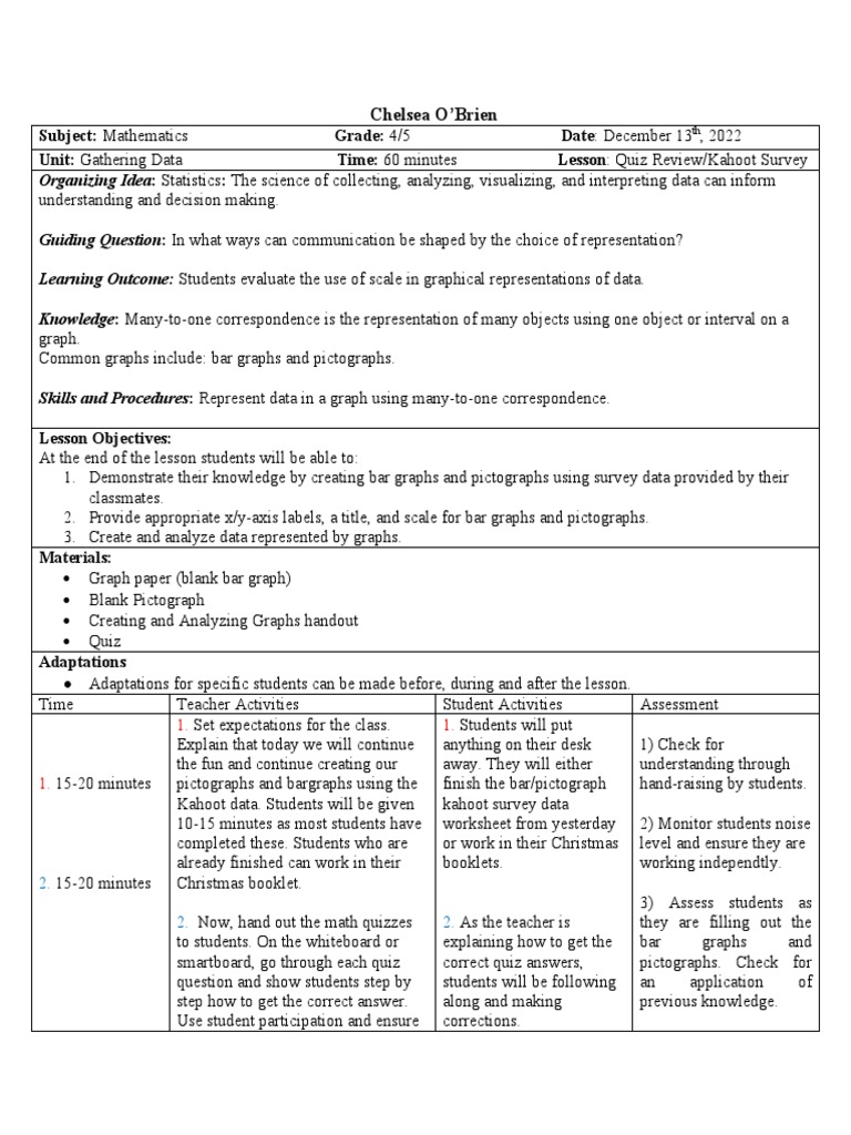 Math Quiz Review Lesson Plan Dec 13 Co | PDF | Data | Cognition