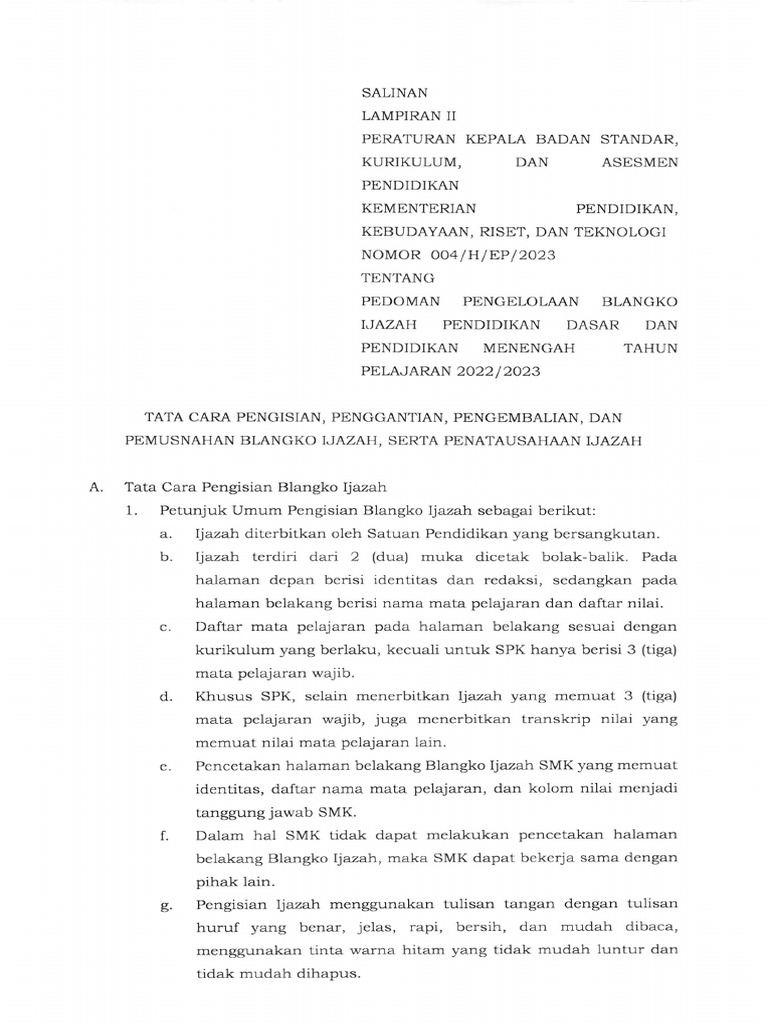 Lampiran II-SK N0.004 Tentang Blangko Ijazah 2023 | PDF