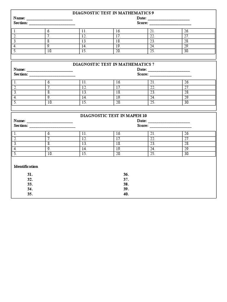 Diagnostic Test Answer Sheet | PDF