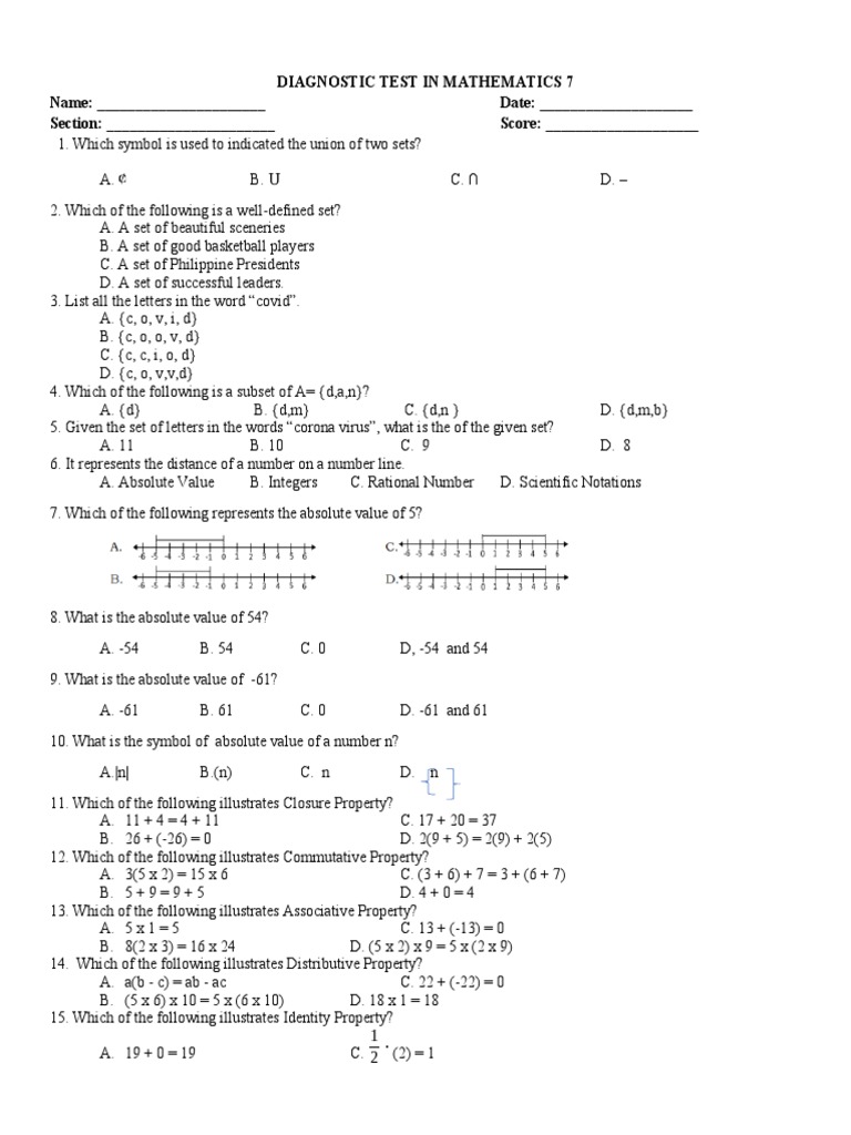 Diagnostic Test in Mathematics 7 | PDF | Numbers | Rational Number