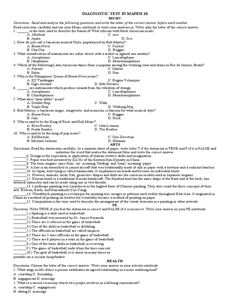 2 Diagnostic Test in Mapeh 10 | PDF | Origami | Paintings