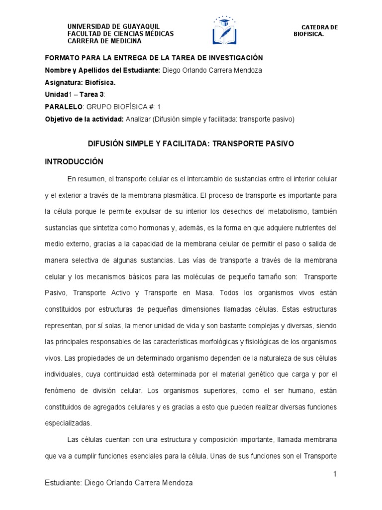 Difusión Simple y Facilitada - Transporte Pasivo - Tarea #3 - Biofísica ...