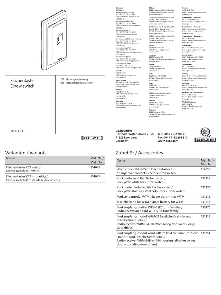 GEZE Installation Instructions en 631551 | PDF | Switch | Building ...