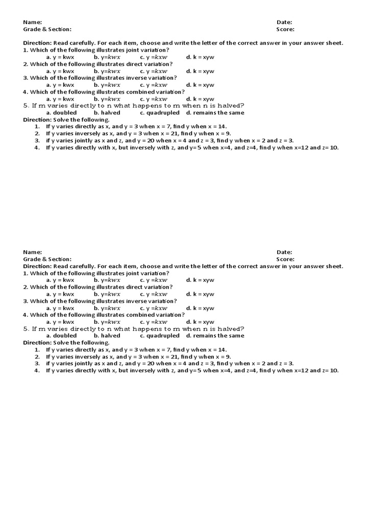 Variations Practice Problems: Identifying Types of Variation and ...