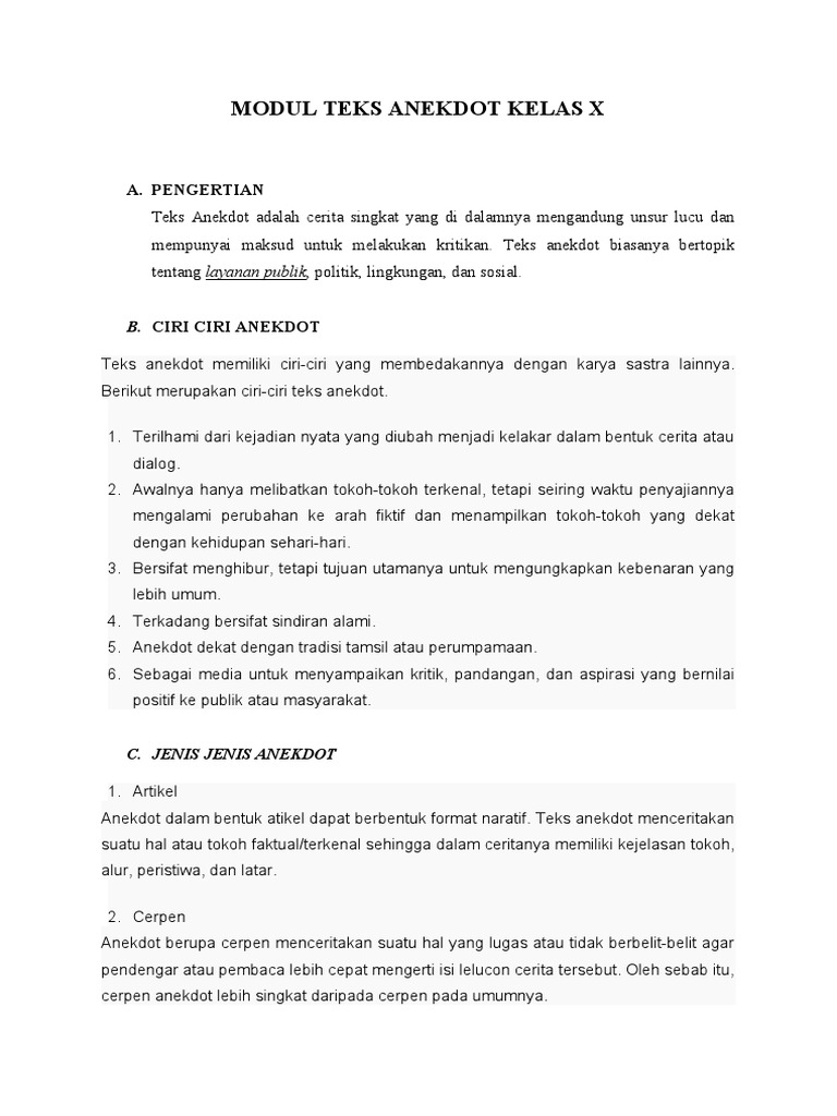 Modul Teks Anekdot Kelas X | PDF | Seni & Disiplin Bahasa | Fiksi Umum