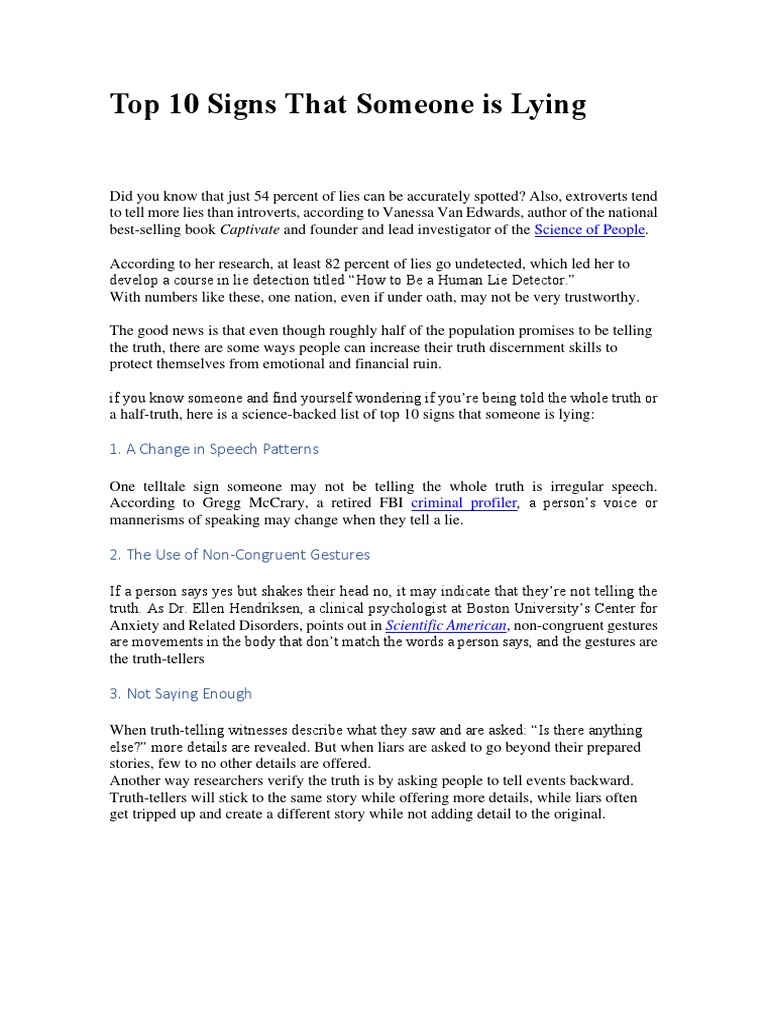 Top 10 Signs That Someone Is Lying | PDF | Truth | Cognitive Science