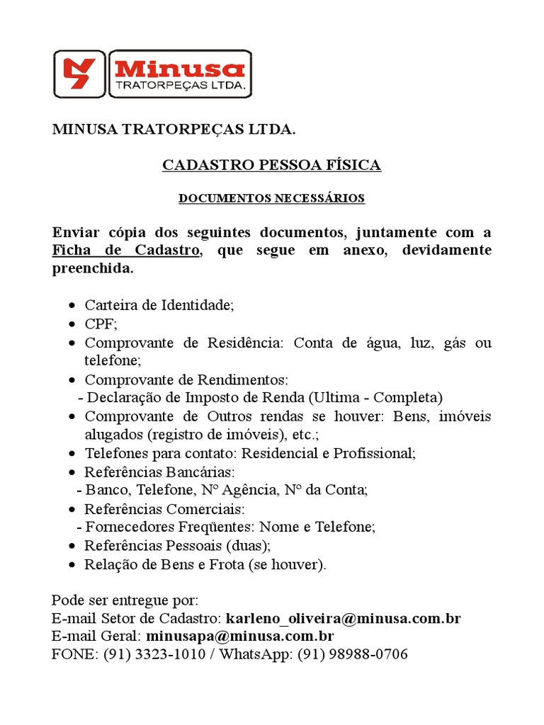Cadastro de Pessoa Física - Minusa Tratorpeças | PDF