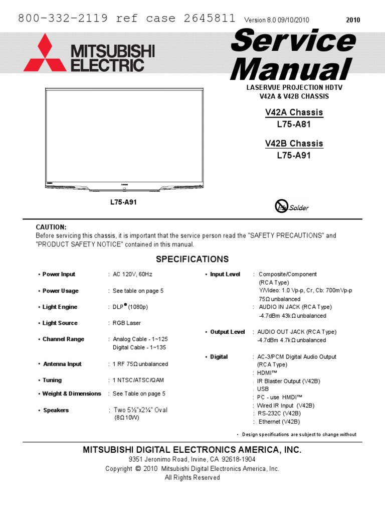 Mitsubishi L75 A91 Service Manual Pdf Menu Computing Hdmi