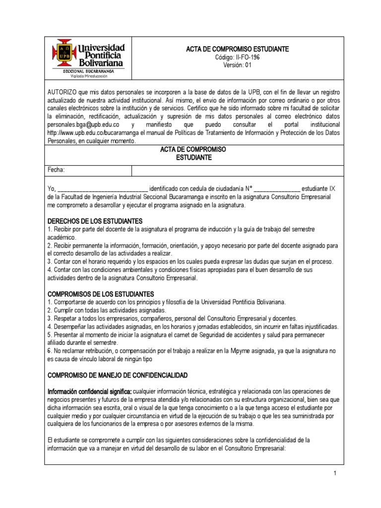 II-FO-196 Formato Acta de Compromiso Estudiante | PDF | Información | Confidencialidad