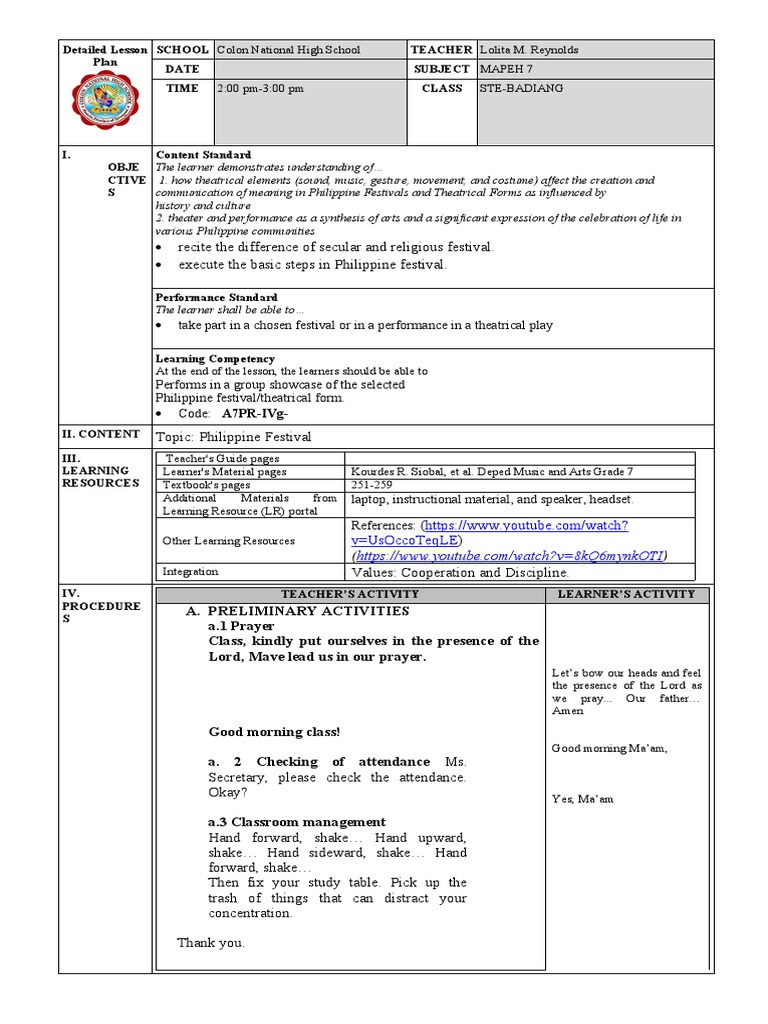 Detailed Lesson Plan in MAPE7 ART, Fourth Quarter | PDF | Cebu | Festival