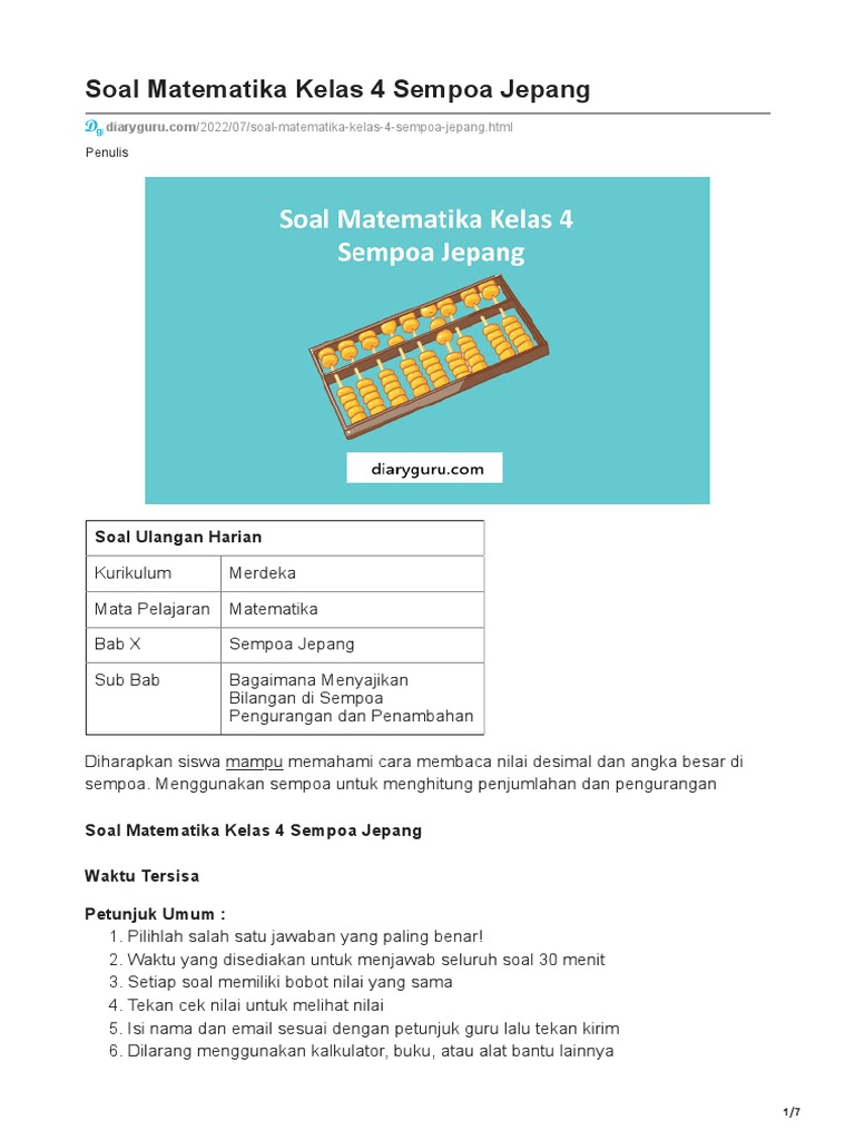 Soal Matematika Kelas 4 Sempoa Jepang | PDF