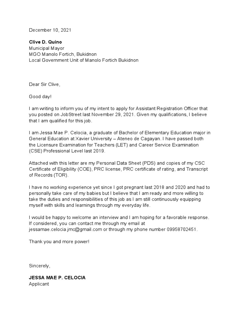 Application Letter For Assistant Registration Officer | PDF