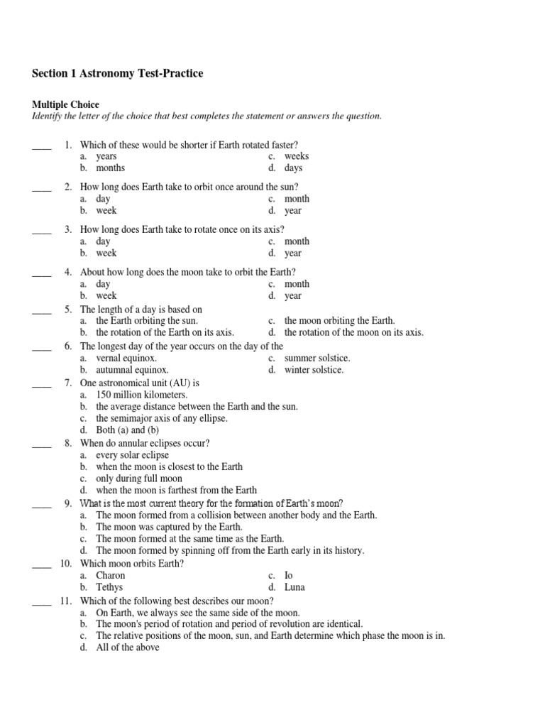 Astronomy Section 1 Practice Test | PDF | Moon | Solar Eclipse