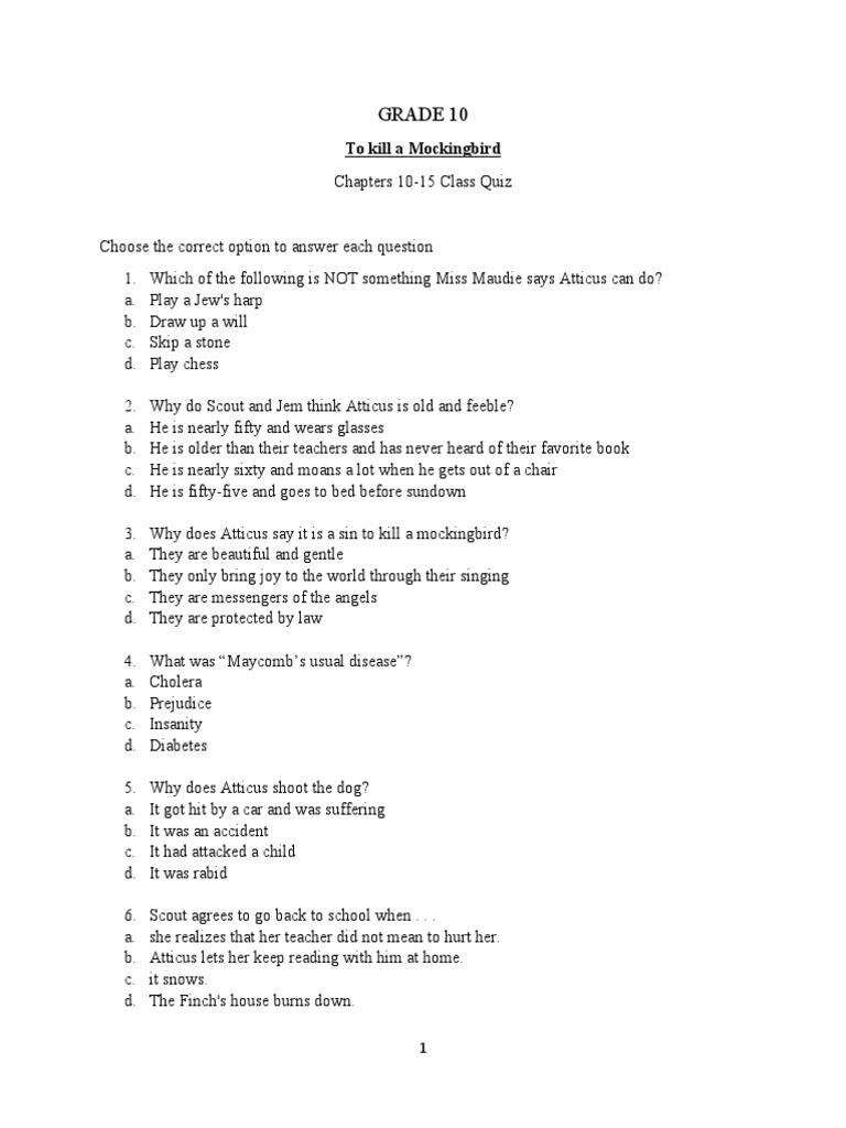 To Kill A Mockingbird Quiz Chapters 10-15 | PDF | To Kill A Mockingbird