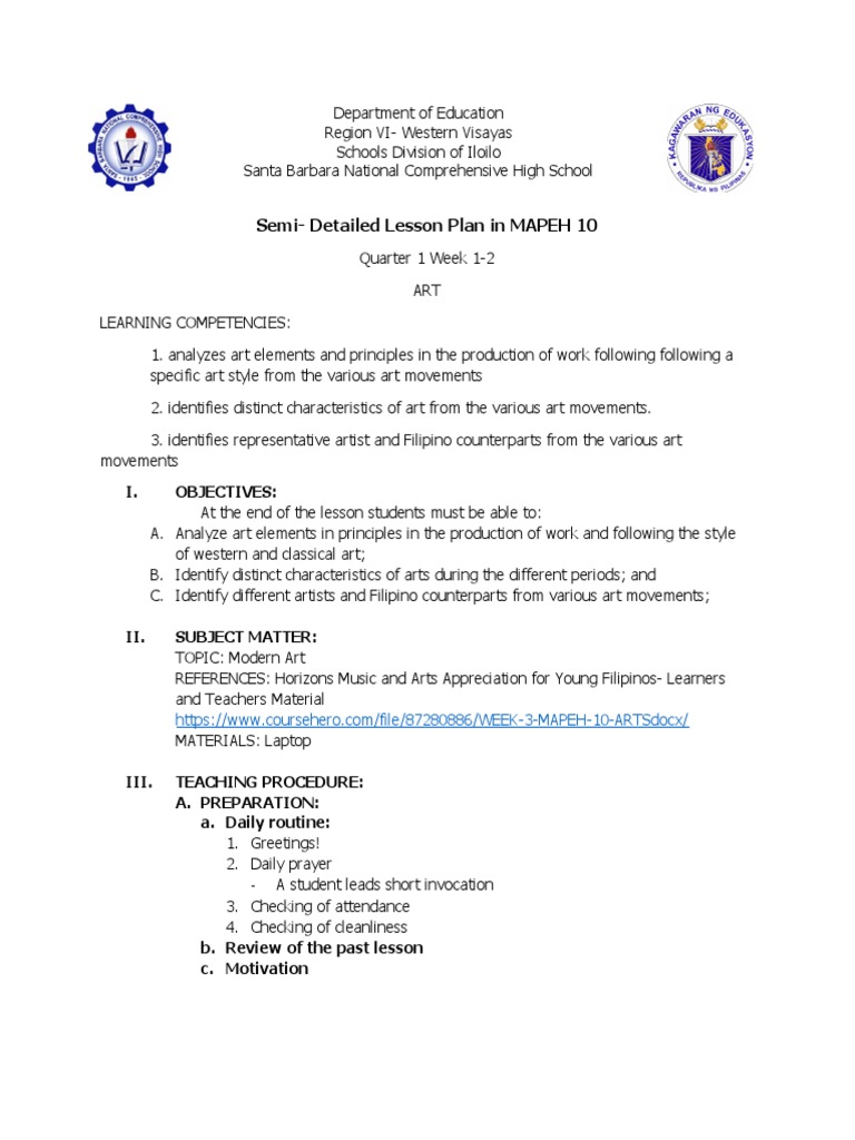 Lesson Plan in MAPEH 10 (ART) Q1 - W1-2 | PDF | Lesson Plan | Impressionism