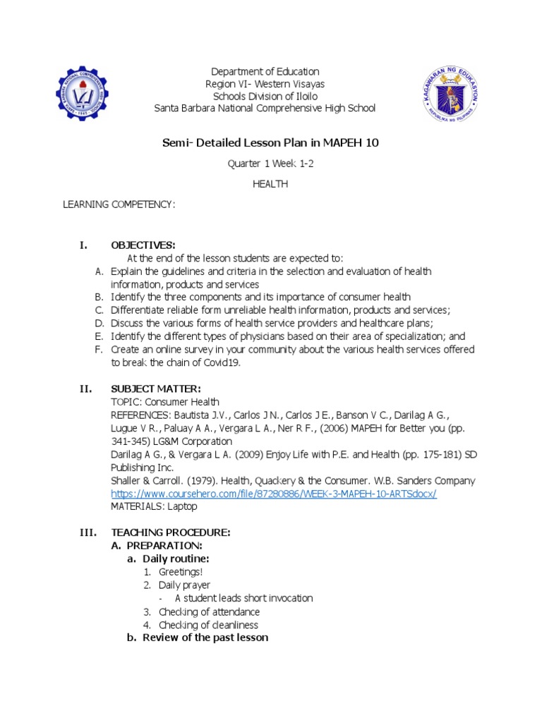 Lesson Plan in Mapeh 10 (Health) q1 - w1-2 | PDF | Lesson Plan | Health ...