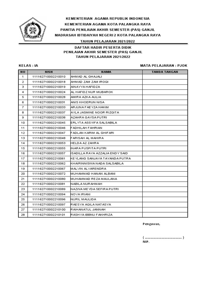 Daftar Hadir PAS Ganjil 2021/2022 | PDF