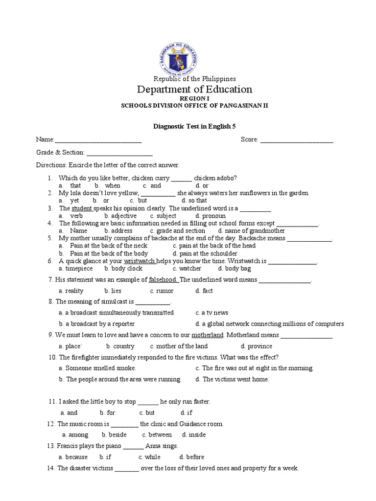 Grade 5 Test Questions | PDF | Narration | Plants