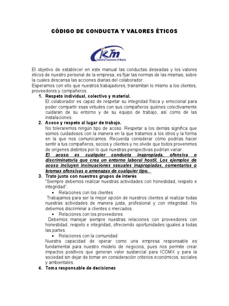 Código de Conducta y Valores Éticos | PDF | Acoso sexual