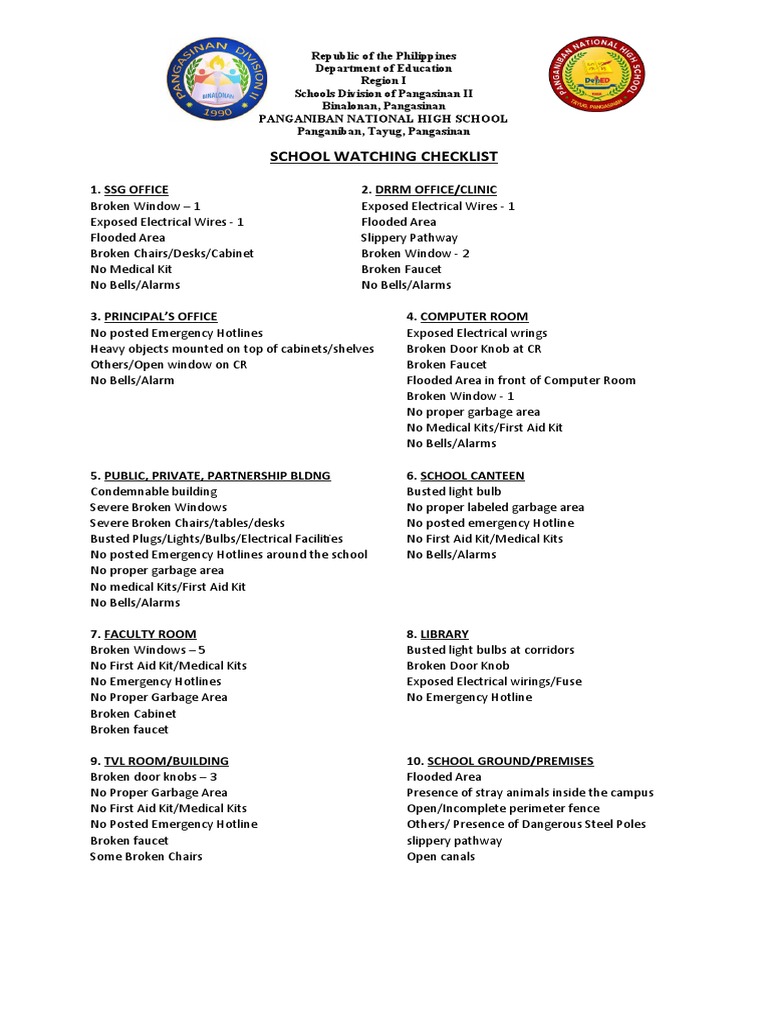 School Safety Inspection Checklist | PDF | Manufactured Goods | Equipment