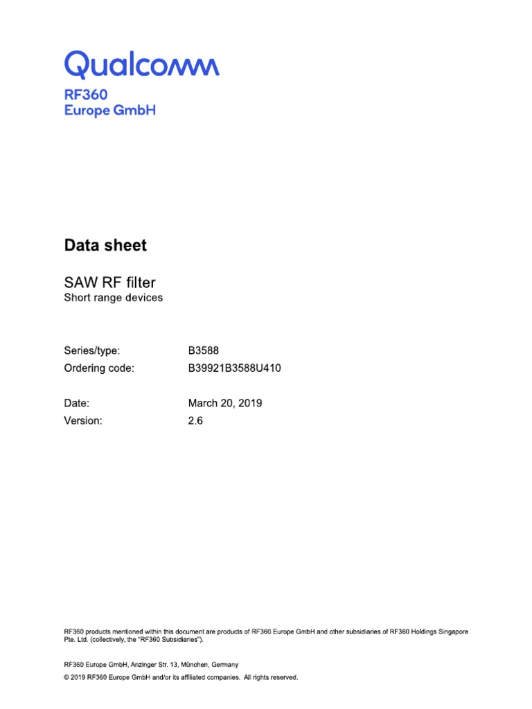 Qualcomm RF360 Filter B39921B3588U410 | PDF