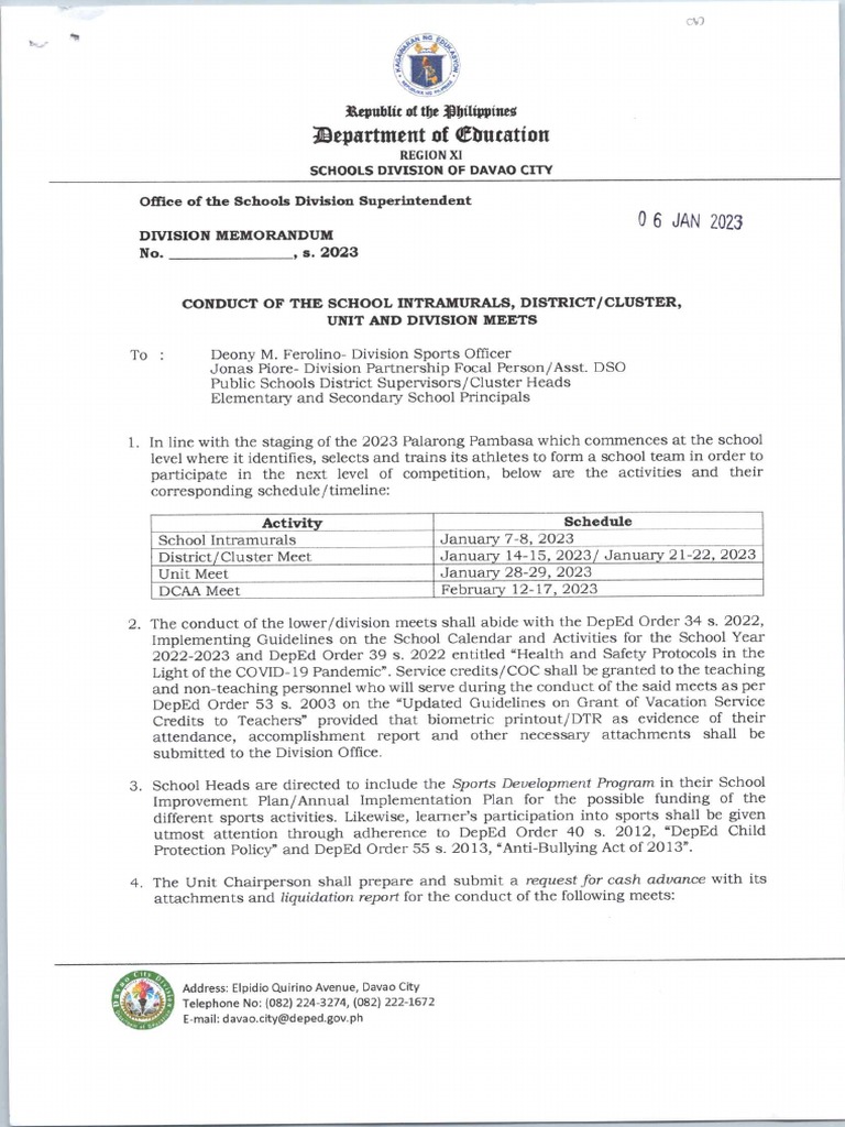 2023-Unnumbered Memo Re Conduct of The School Intramurals, District ...