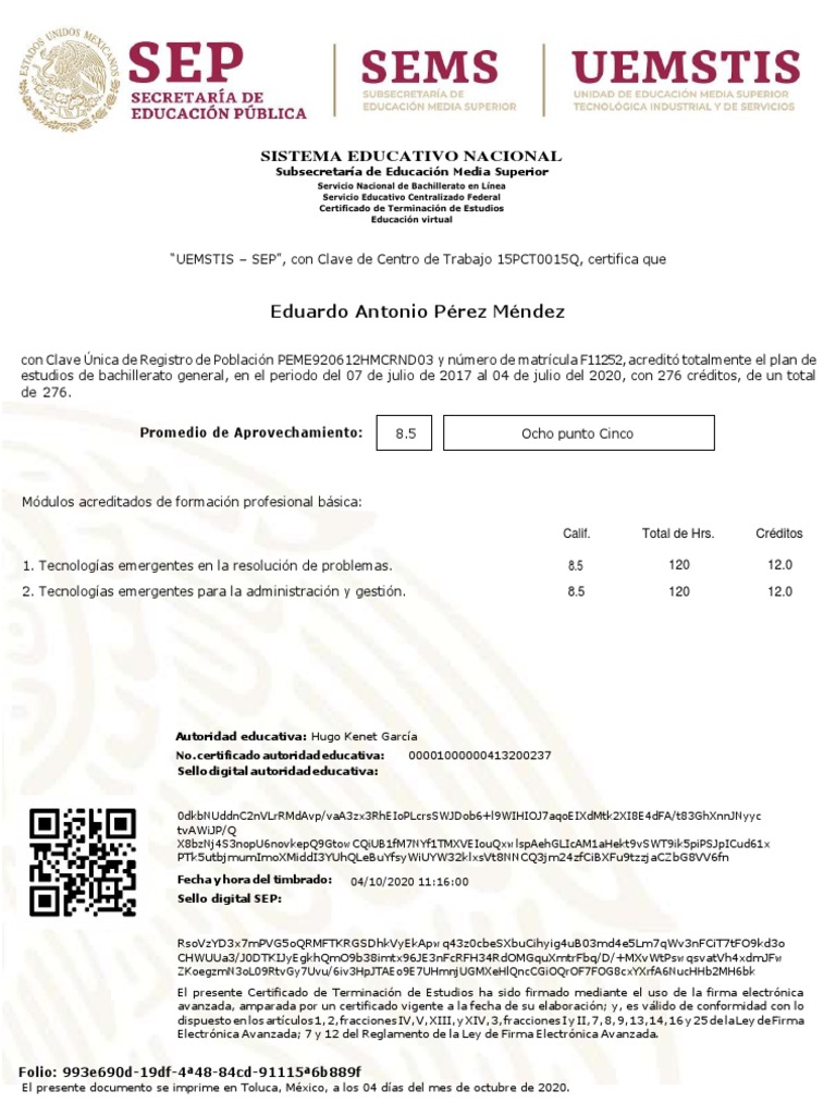 Certificado de Terminación de Estudios Bachillerato | PDF | Plan de estudios