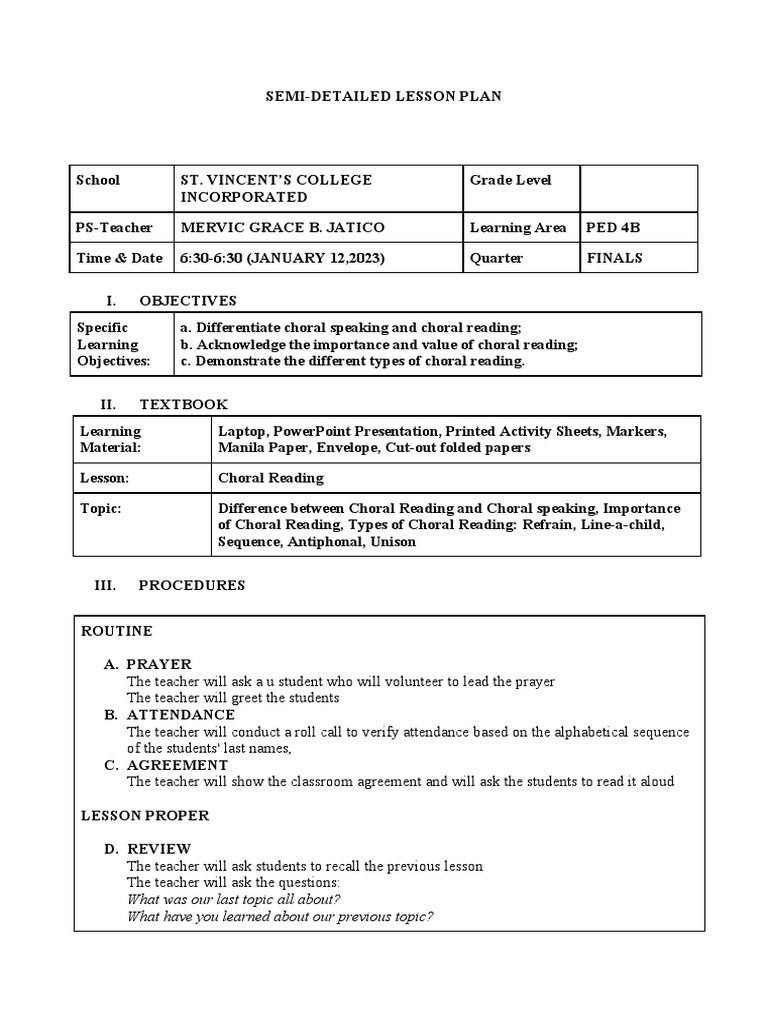 Lesson Plan for Choral Reading | PDF | Poetry | Teachers