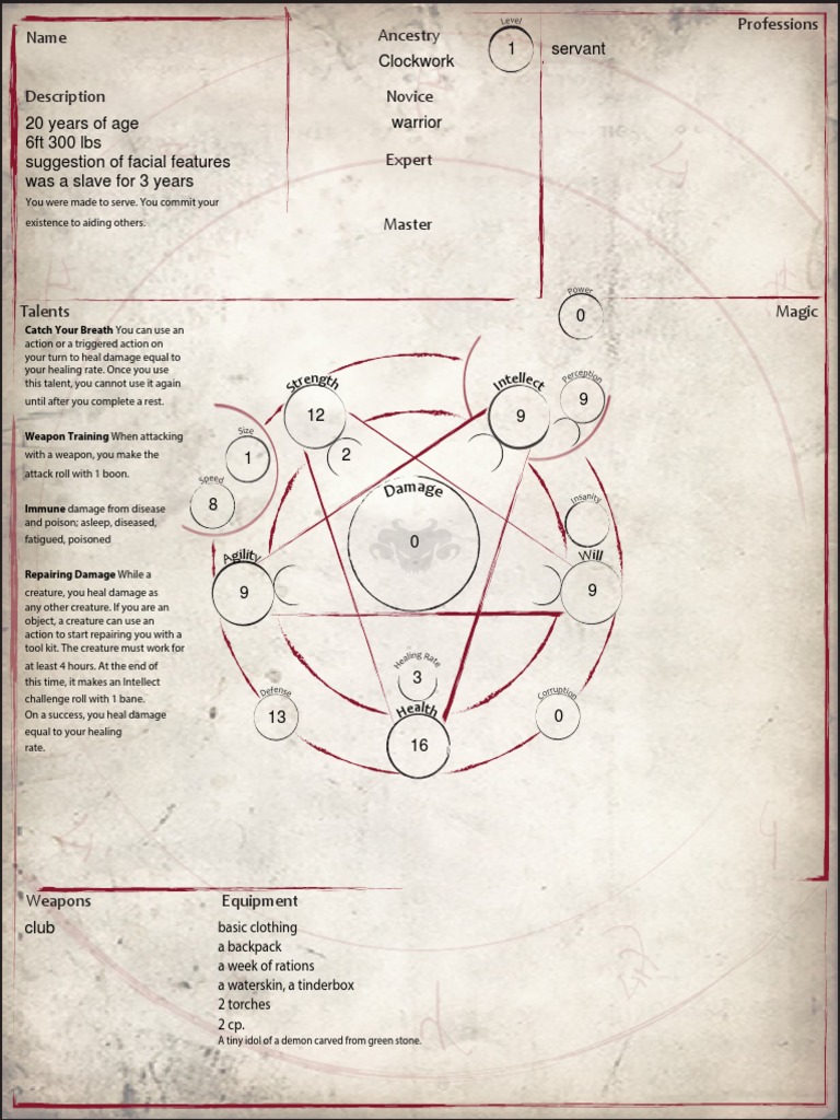 Character Sheet: Clockwork Servant - Novice Level Profession | PDF