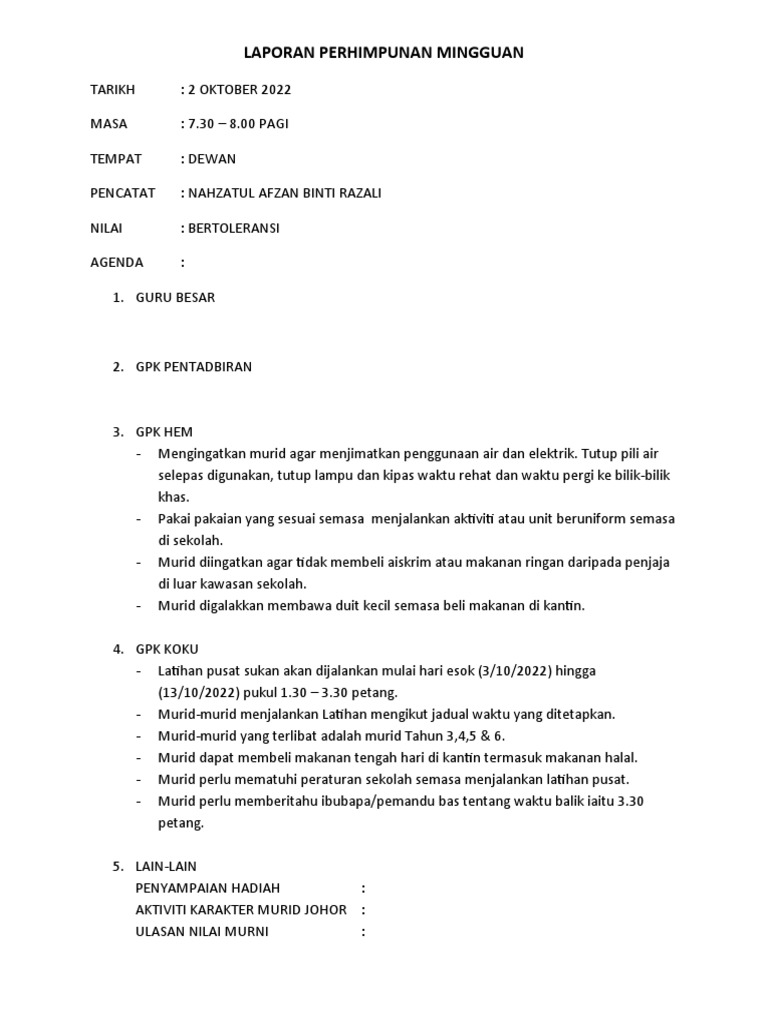 Laporan Perhimpunan Mingguan | PDF