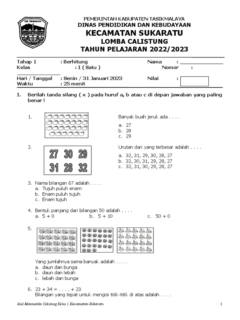 Soal Calistung Tahap 1 Kelas 1 | PDF