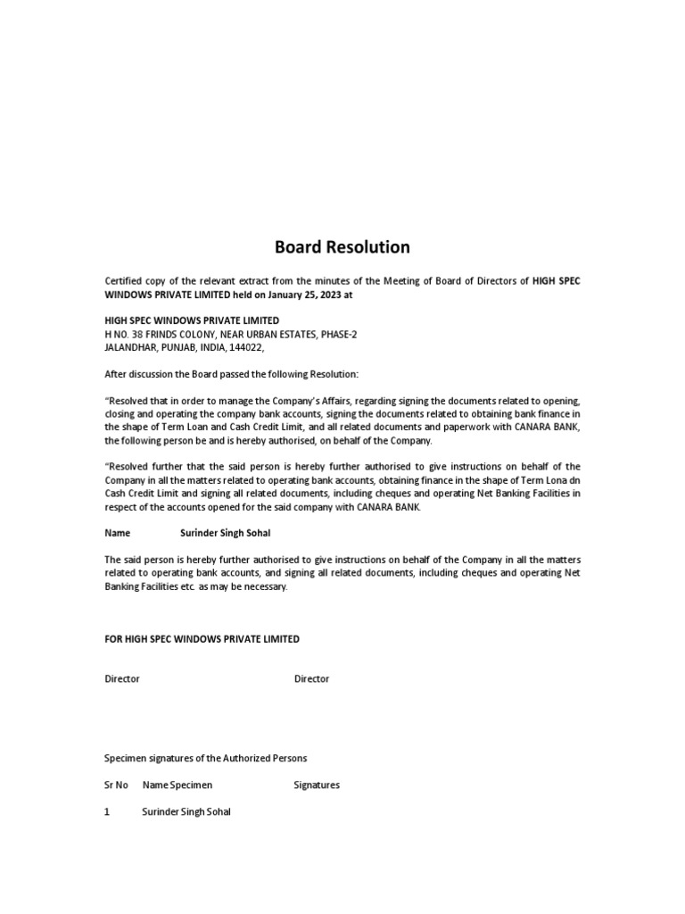 Borad Resolutions - Canara Bank | PDF