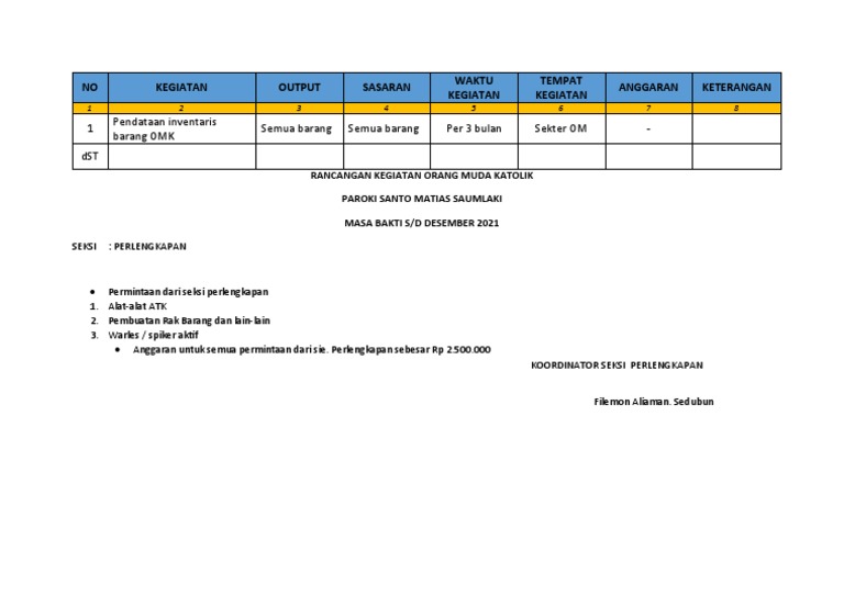 KERTAS RANCANGAN KEGIATAN Sie Perlengkapan | PDF