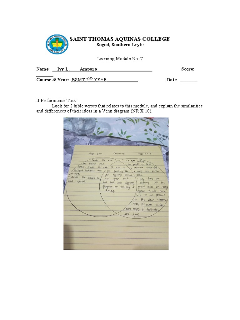 A Venn Diagram Comparison of Two Bible Verses Related to Learning Module No. 7 on Saint Thomas ...
